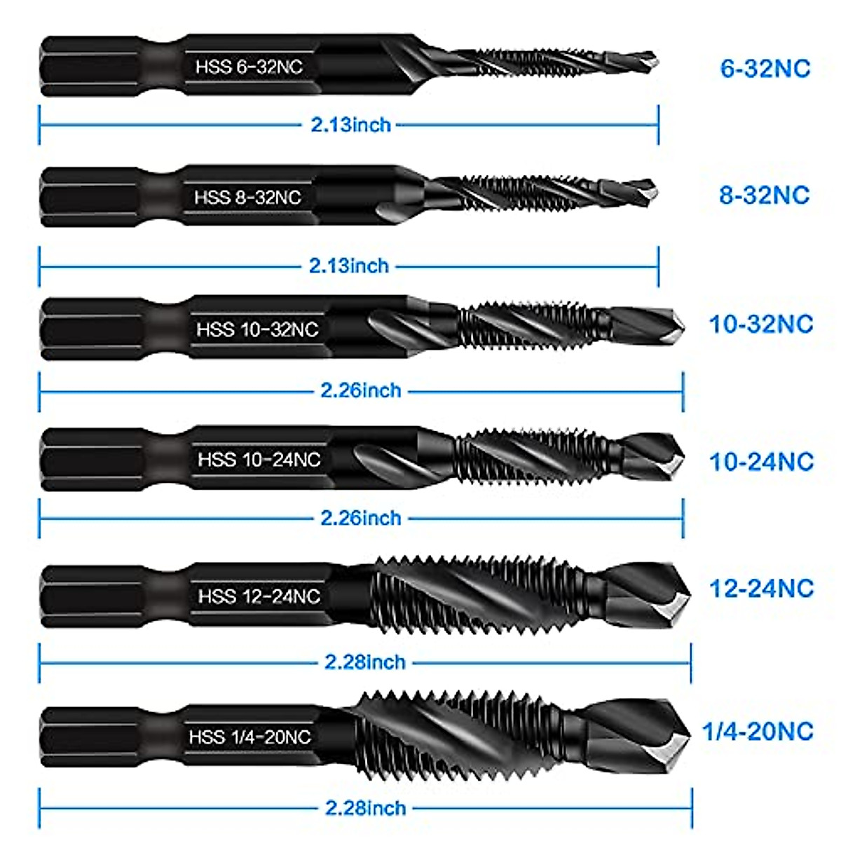6 Packs Combination Drill & Taps Bit Set, Screw Tapping in SAE Size 6-32nc 8-32nc 10-32nc 10-24nc 12-24nc 1/4-20nc with Anti-Rust Black Coating, 1/4” Hex Shank and Storage Case
