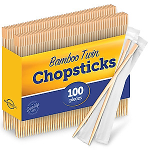 MontoPack Individually Wrapped Twin Chopsticks | Bulk 100 Pack Disposable Wooden Chopsticks | Chinese Bamboo Splinter-Free Party Utensil for Sushi, Rice, Noodles & All Asian, Japanese, Korean Dishes
