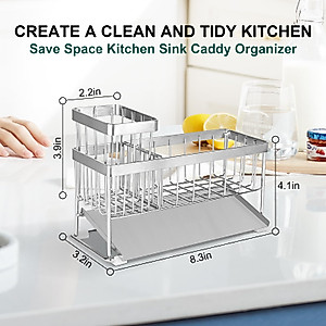 EEKEDO Kitchen Sink Caddy Organizer with Auto Drain Tray and Divider, Sponge Holder and Brush Storage for Kitchen, Rustproof Stainless Steel - Silver