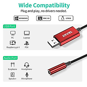 ENVEL USB to 3.5mm Audio Jack Adapter(20cm), Built-in Chip External Sound Card,Mic-Supported Audio Adapter with 3.5mm Aux Stereo Converter Compatible with Headset PC Laptop Desktops PS4 PS5 (Red)