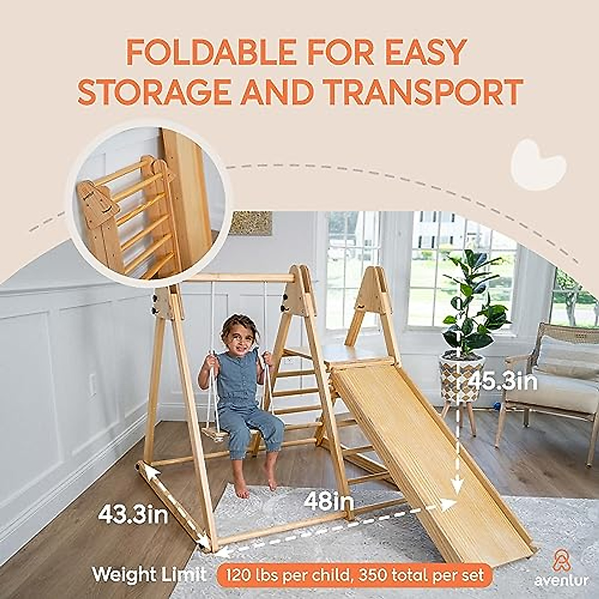 Avenlur 4-in-1 Juniper Indoor Play Gym - Jungle Gym Playset with Baby Swing, Slide, Ladder, and Climbing Wall - Foldable Wooden Playset - Indoor Jungle Gym for Kids Ages 18mo to 6yrs