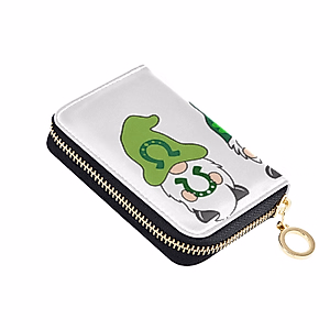 St Patrick Day Gnomes with Green Shamrock Clovers Leaves on WhiteGrey Credit Card Coin wallet, RFID Blocking Compact Women Leather Card Holder, Key Change Organizer, Zipper Purse Clutch Pouch