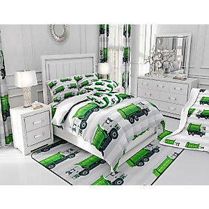 jejeloiu Garbage Truck Bed Sheets Set Boys Cartoon Car Sheet Set for Kids Teens Ultra Soft Equipment Trucks Sheets with Deep Pocket Fitted Sheet Vehicles Green White Bedding Set Room Decor Full Size