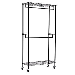 Amazon Basics Adjustable, Double Hanging Rod Garment Rolling Closet Organizer Rack - Black, 72 inches