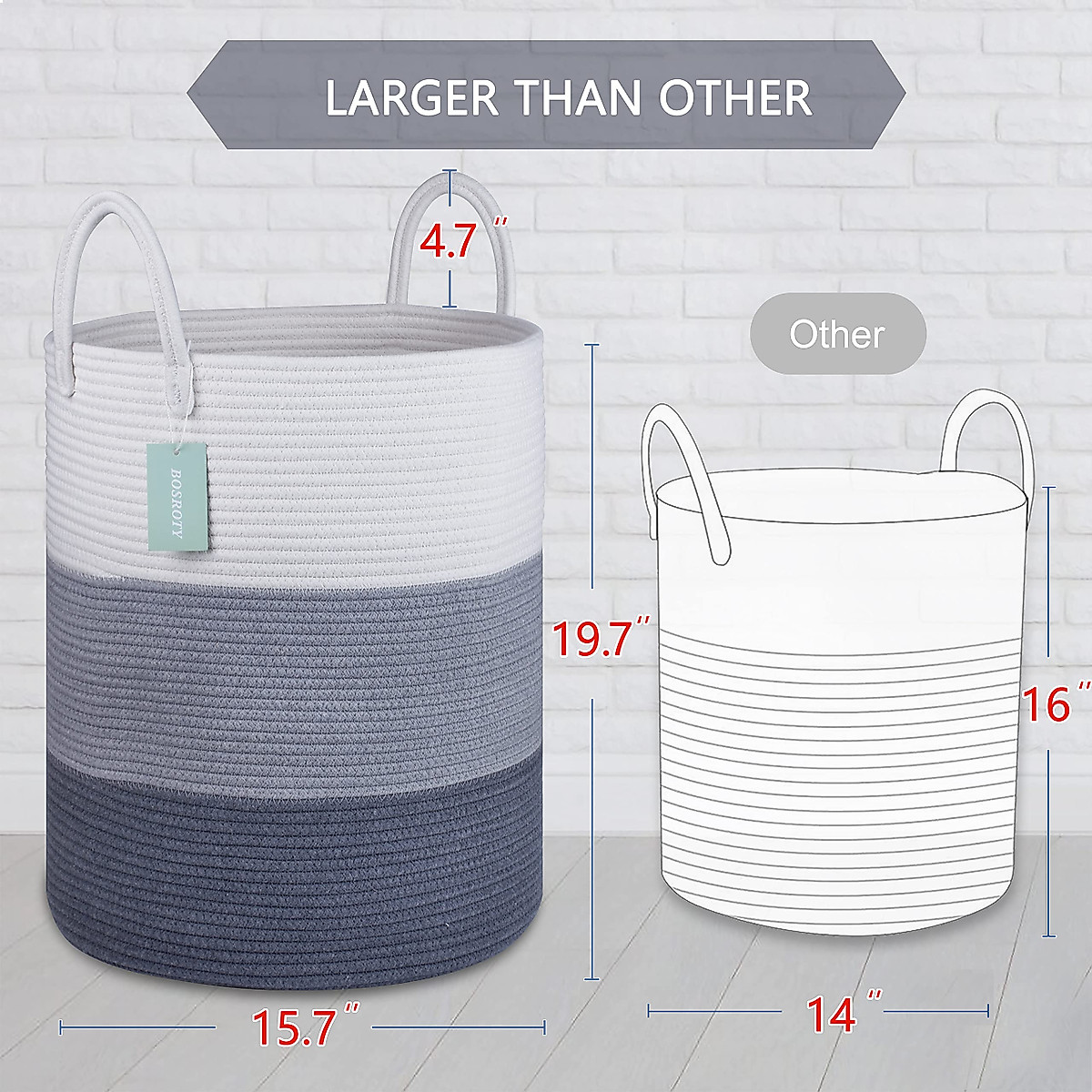 BOSROTY Large Laundry Hamper Basket for Girls Boys Kids 65L, Nursery Hamper, Tall Blanket Basket, Clothes Basket Laundry, Woven Basket, Cotton Rope Basket, Toy Basket, 16”x 20”, White & Gray