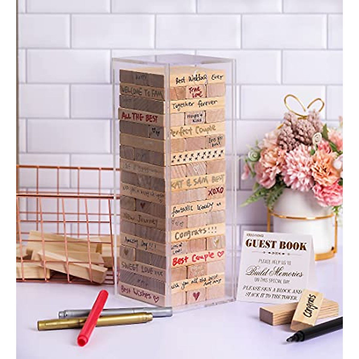 Wedding Guest Book Alternative, 54 PCS Wooden Block w Acrylic Display Box, Guest Book for Wedding Sign in, Baby Shower, Guestbook for Wedding, Wedding Book w 4 Paper Signs and 4 Color Pens