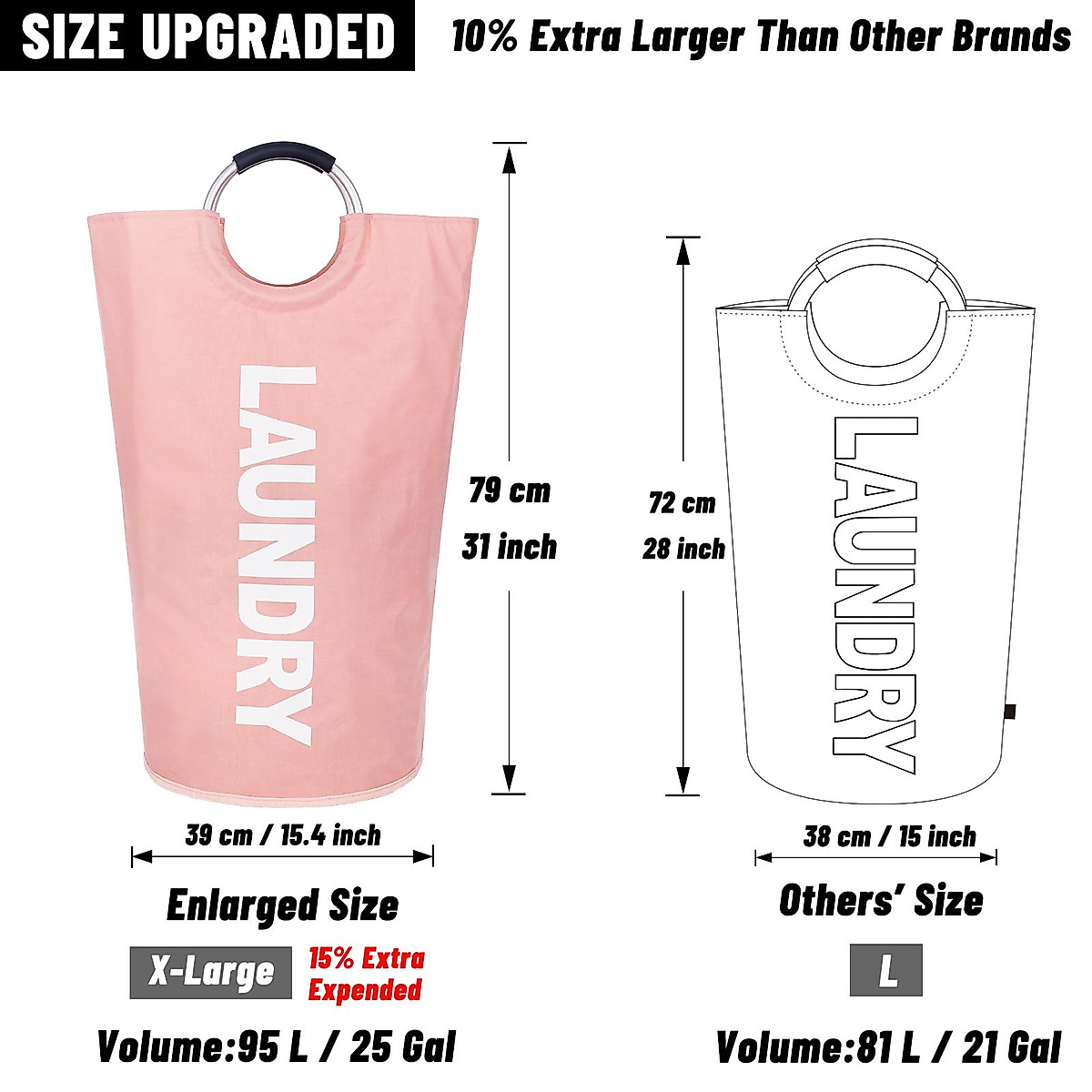 Caroeas 95L Pro Large Laundry Basket (13 Colors), Waterproof Laundry Hamper, Laundry Bag with Padded Handles, Clothes Hamper Stands Up Well, Collapsible Laundry Basket Easy Storage (Pink)