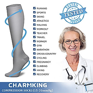 CHARMKING Compression Socks for Women & Men (8 Pairs) 15-20 mmHg Graduated Copper Support Socks are Best for Pregnant, Nurses - Boost Performance, Circulation, Knee High & Wide Calf (L/XL, Multi 44)