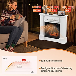 Tangkula 1400W 32 Inches Electric Fireplace with Mantel, Freestanding Fireplace Heater with 3D Flame Effect, Remote Control, Thermostat, 6H Timer, Overheat Protection (White)