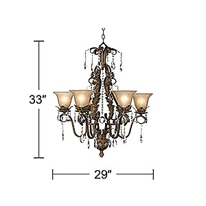 Regency Hill Iron Leaf Roman Bronze Chandelier Lighting 29" Wide Crystal Cream Glass Shade 6-Light Fixture for Dining Room House Foyer Entryway Kitchen Bedroom Living Room High Ceilings