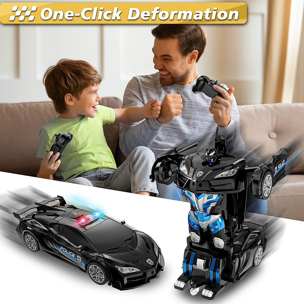 LNNKINE Remote Control Car, Transform Robot RC Cars, 2.4Ghz Transforming Police Car Toy with LED Light, One-Button Deformation and 360° Rotating Drifting, Toys for Boys Age 4-7 8-12