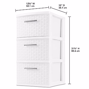 3-Drawer Wide Weave Design Storage Tower, White Frame & Drawers w/Driftwood Handles, Brown, Case of 1 (White)