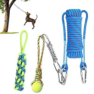 Tree Tugger Dog Toy, Retractable Dog Bungee Tug Toy, Tether Tug Outdoor Dog Toy, Interactive Tether Tug of War Toy with 32.8 ft Rope, Spring Pole Kit, 2 Chew Rope Toys for Pitbull Medium, Large Dog
