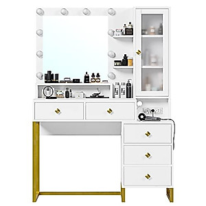 Tiptiper Makeup Vanity with Charging Station, Mirror with Lights and Table Set, Large Vanity Desk with Storage Shelves, 5 Drawers, Modern Vanity Table with Nightstand, White and Gold