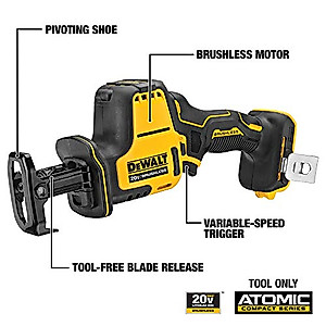 DEWALT ATOMIC 20V MAX* Reciprocating Saw, One-Handed, Cordless, Tool Only (DCS369B)