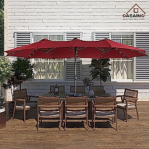 CASAINC 15 FT Solar LED Patio Umbrella with Base Double-Sided Extra Large Outdoor Umbrella Market Rectangular Twin Umbrella w/Crank for Garden Deck Lawn Pool Backyard-Burgundy (with Lights)