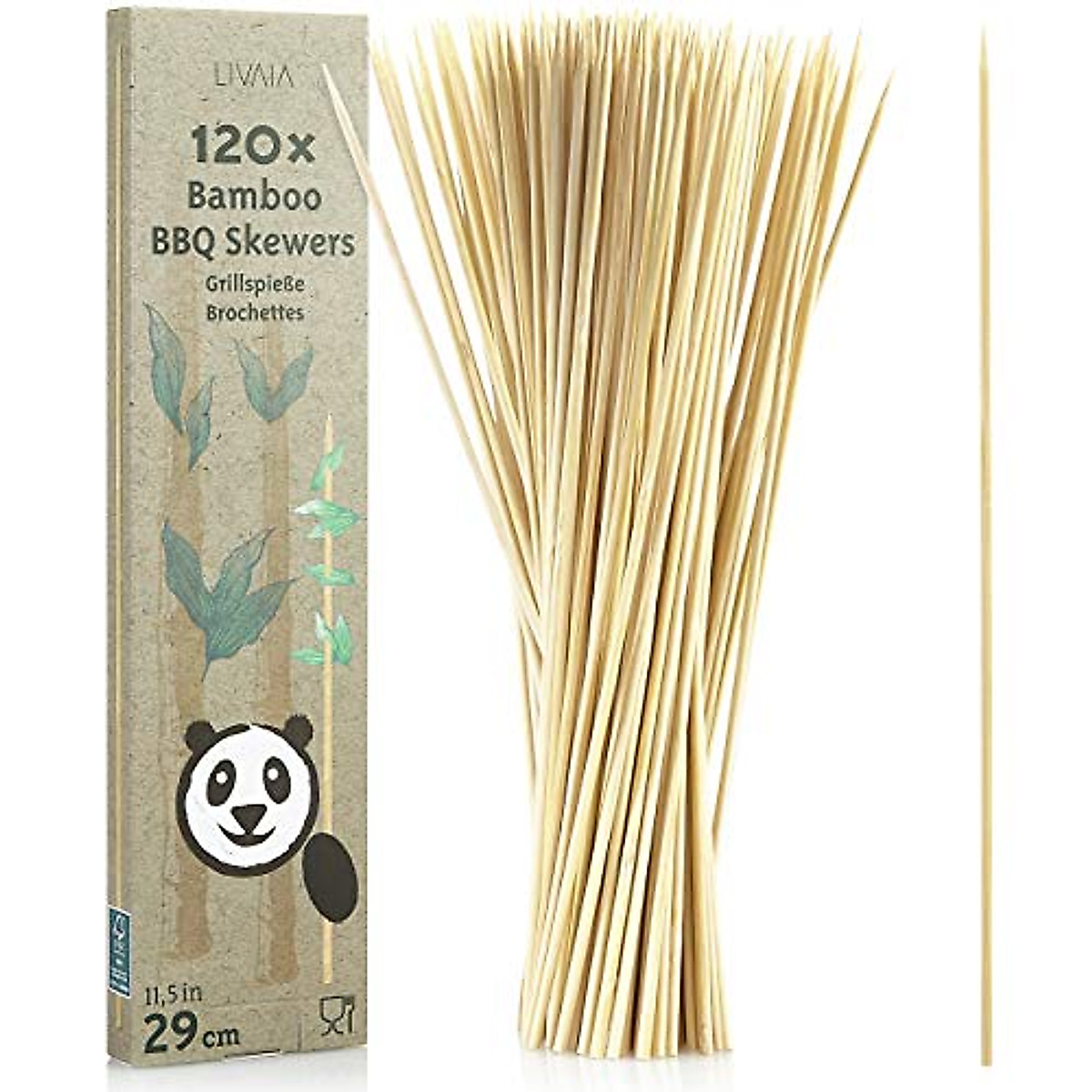 LIVAIA Wooden BBQ Skewers: 120 x Premium Bamboo Barbecue Skewers and Kebab Skewers Wood Extra Long - Wooden Skewers for Crafts - Round Wooden Skewers - Wooden Stick 11.4in - Bamboo Grill Skewers