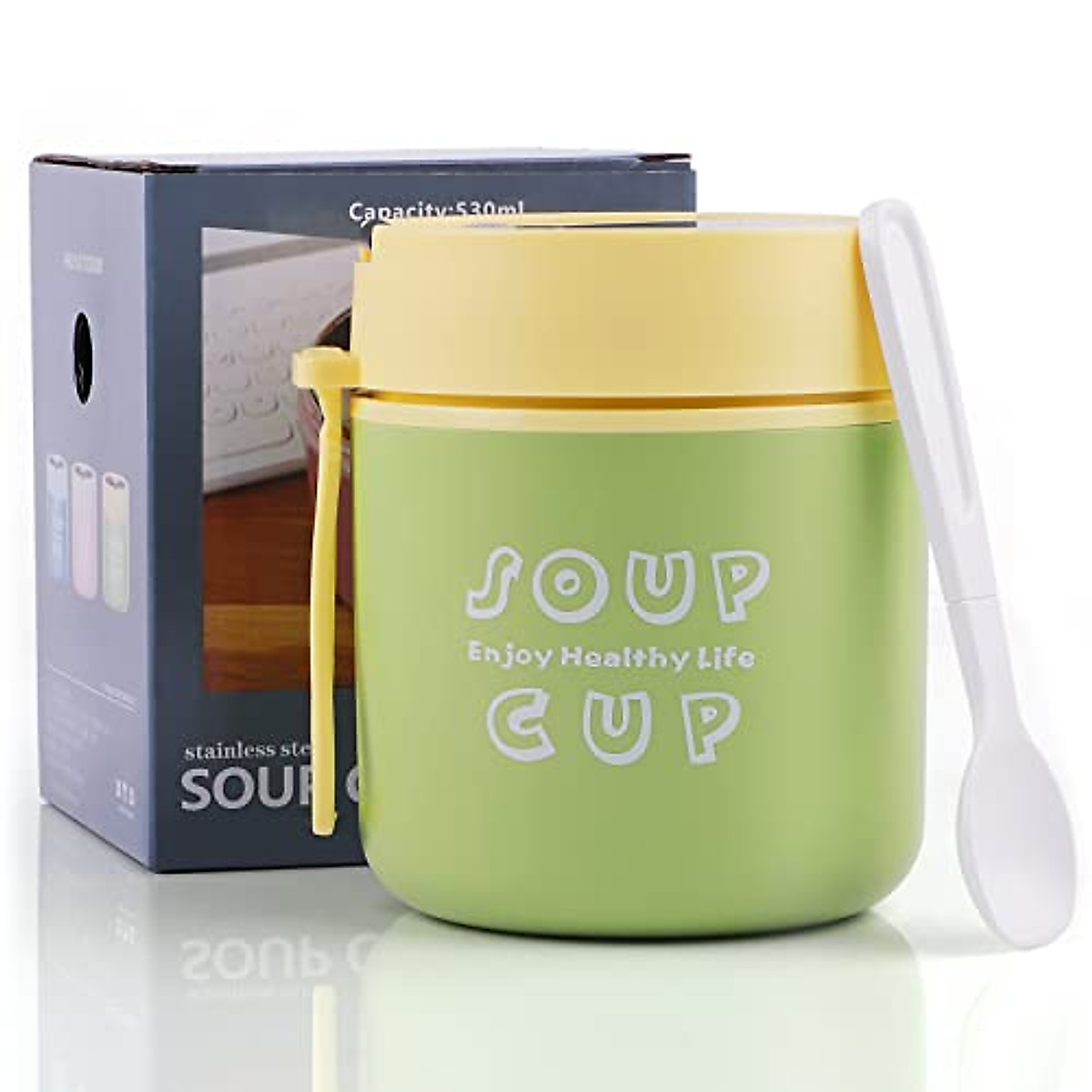 Reastar Insulated Food Container, 18 Ounce Stainless Steel Kids Adult Thermos for Hot Food, Vacuum Insulated Food Jar with Folding Spoon, Leak Proof, Portable Hot Food Container Soup Thermos, Green