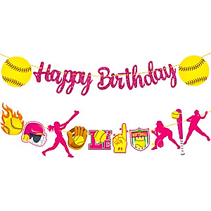 Softball Happy Birthday Banners Softball Birthday Party Decoration Softball Themed Party Cutout Banners for Girls Softball Baby Shower Decoration Sport Party Supplies