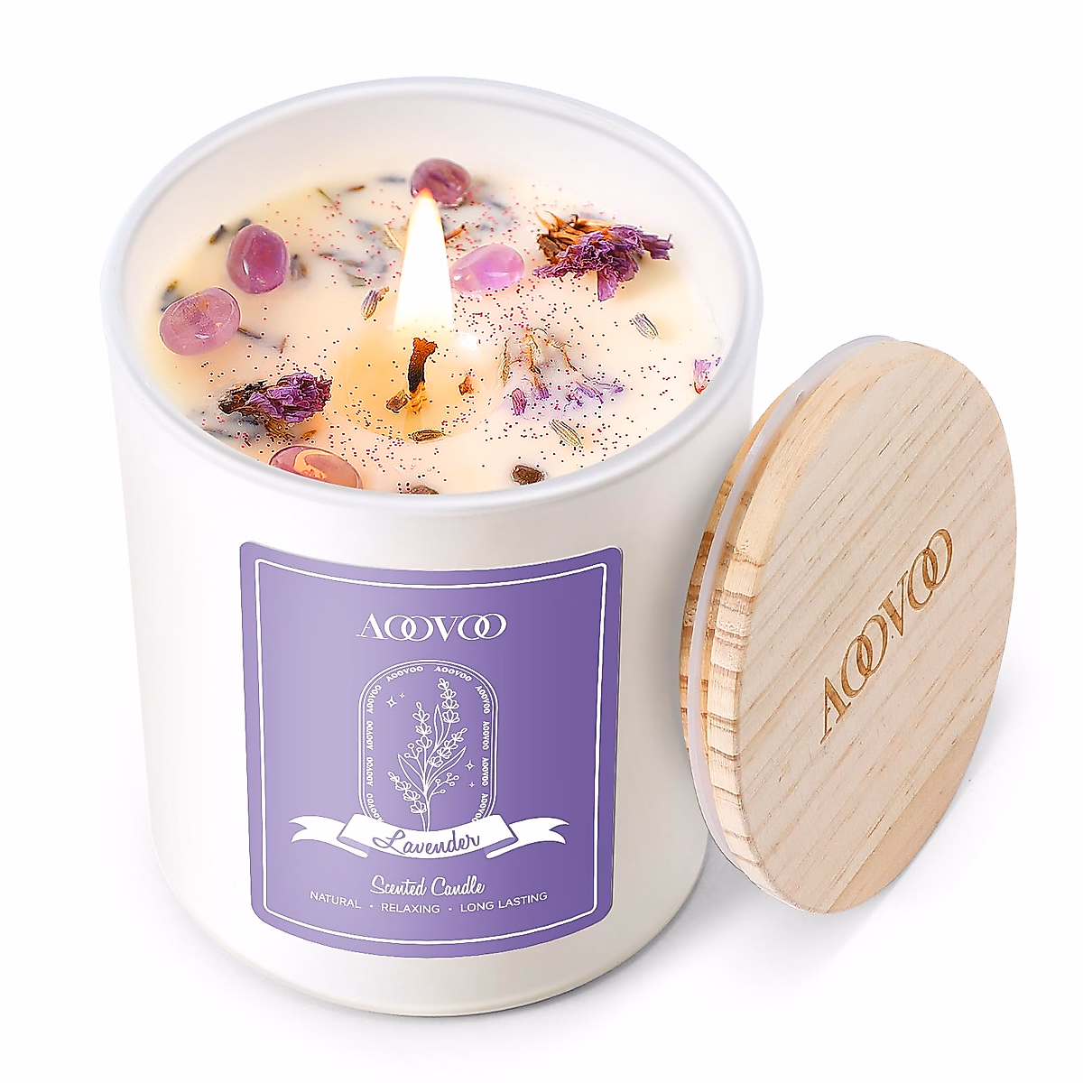 AOOVOO Lavender Scented Candles for Women - Aromatherapy Candle with Crystals Inside, 7oz Soy Candles for Home Scented, Christmas Birthday Gifts Candle for Women Mom