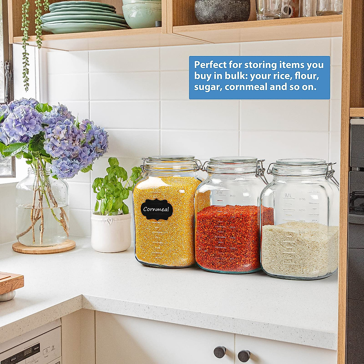 2 Pack 1 Gallon Square Super Wide-Mouth Glass Jars with Airtight Lids - Glass Storage Jars with 2 Measurement Mark - Canning Jars with Large Capacity, Sturdy For Canning, Overnight Oats, 4200 ML