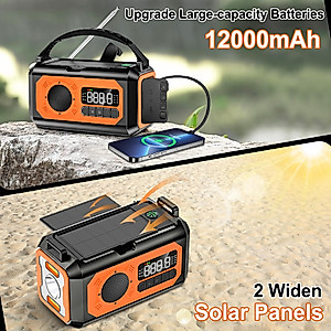 TURJGKSG 12000mAh Emergency Weather Radio, Hand Crank Radio, Portable AM/FM/NOAA Radio with 2 Solar Panels, Multi-Function Solar Radio with Flashlight Reading Lamp SOS, Compass, Power Bank(Orange)