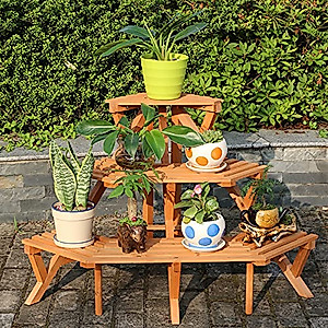 3 Tier Ladder Plant Stand Outdoor, Wood Multi Tiered Quarter Round Flower Pots Holder for Succulents andMultiple Plants, 37.8×26.38×24, Wooden Display Storage Shelf for Indoor Home Garden Patio
