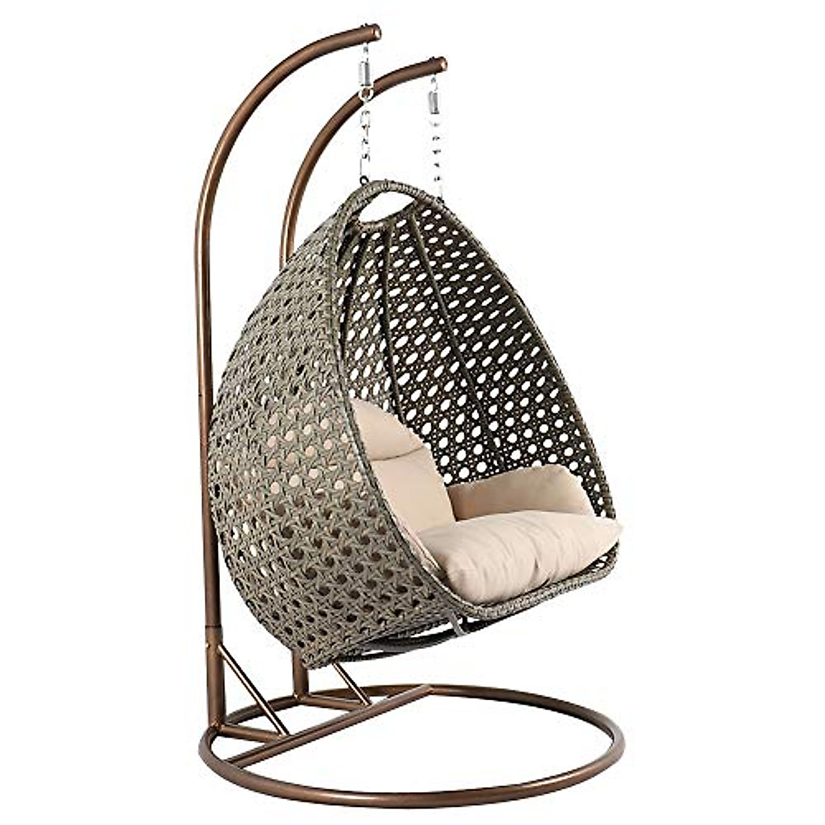 LeisureMod Beige 2 Person Hanging Double Swing Chair, X-Large Wicker Rattan Egg Chair with Stand and Cushion for Indoor Outdoor Patio Garden (Beige)