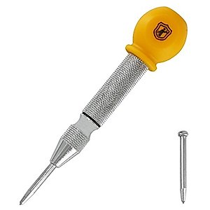 MulWark 5" Spring-Loaded Automatic Steel Center Hole Punch Marker Scriber For Wood, Metal, Plastic, Car Window Puncher Breaker Tool-With Palm Cushion Cap, Adjustable Impact-A Replacement Tip Included