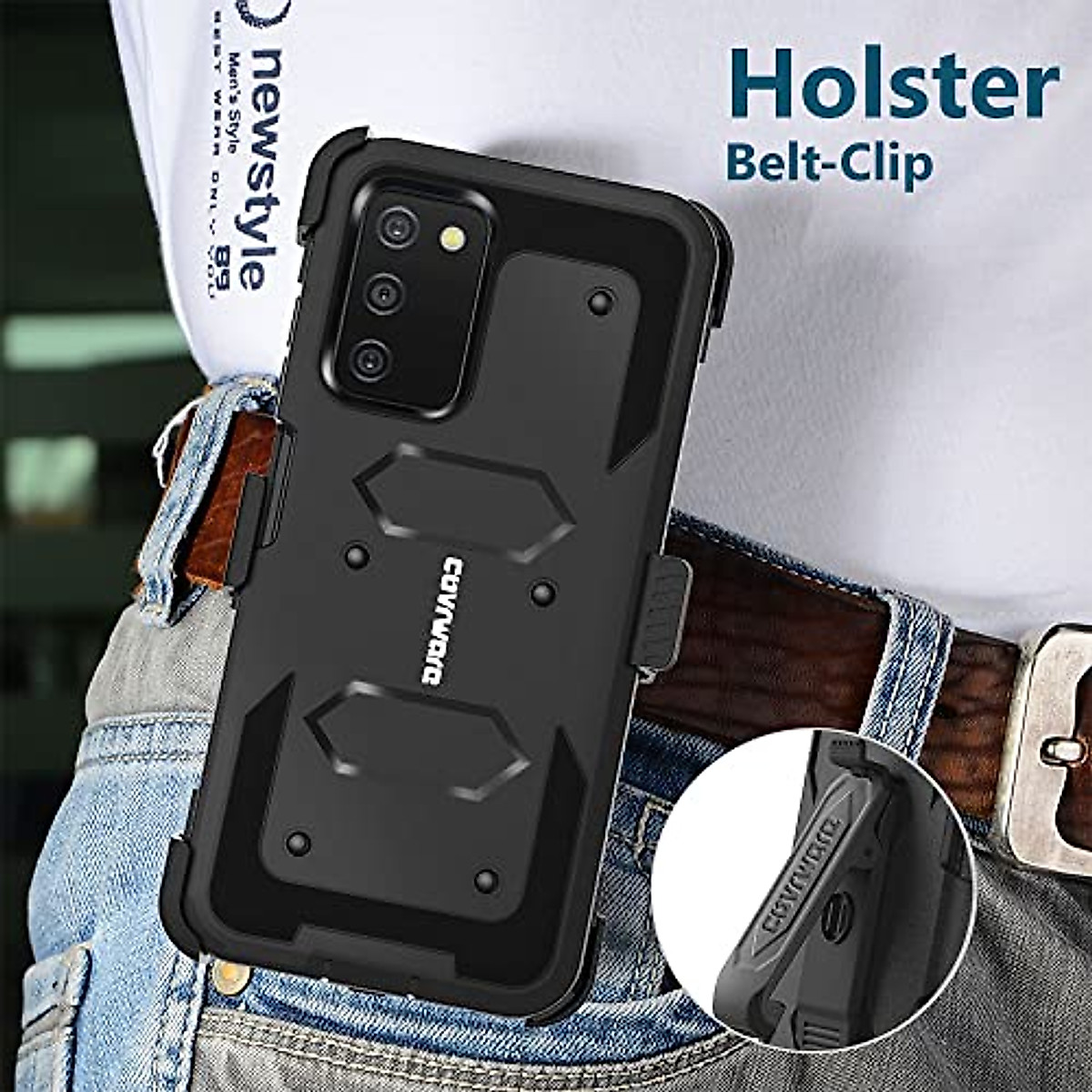 Covrware Aegis Series Case for Samsung Galaxy A03S, Full-Body Rugged Dual-Layer Shockproof Protective Swivel Belt-Clip Holster Cover with Built-in Screen Protector, Kickstand, Black