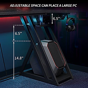 CubiCubi Gaming Desk with LED Lights & Power Outlets, 47 Inch L Shaped Carbon Fiber Surface Desk with Storage Shelves, Small Corner Computer Desk with Monitor Shelf, Black