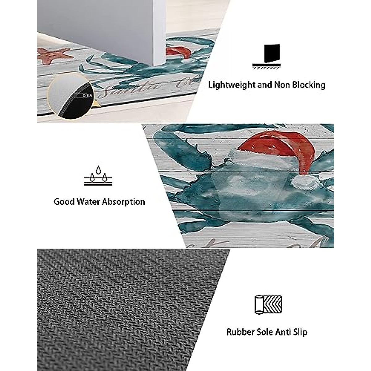 Christmas Bath Mat for Tub,Non Slip Bathroom Floor Runner Rug Quick Dry & Absorbent Diatomaceous Earth Shower Sink Bedroom Kitchen Washable Doormat,Farmhouse Xmas Ocean Crab Red Santa 18x30+18x60