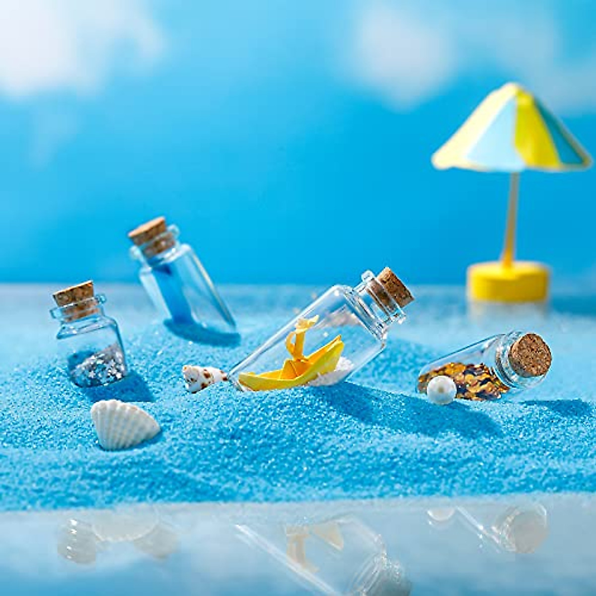 45 Pieces Mini Glass Bottles Clear Small Wishing Jars with Cork Stoppers Cork Glass Bottles with 50 Pieces Eye Screws and 3 Pieces Funnels for DIY Art Crafts Party Home Decoration, 5 Sizes