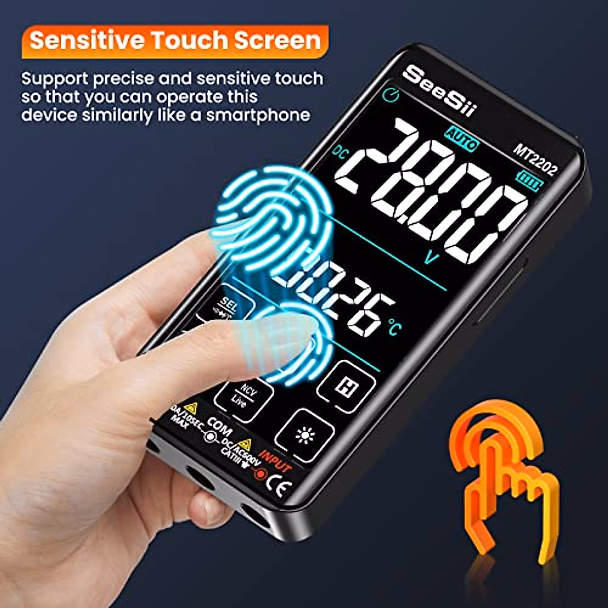 Touchscreen Digital Multimeter, Seesii 10000 Counts TRMS Auto-Ranging Voltmeter, Fast Accurately Measures AC/DC Amp Ohm Voltage Resistance Continuity Capacitance Temperature with Backlight Flashlight