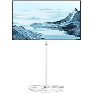 Universal Corner TV Floor Stand with Swivel Mount for 32-65 inch LED LCD Plasma Flat Panel or Curved Screen TVs, Mid Century Modern TV Stand with Height Adjustable and Semi Circular Glass Base, White