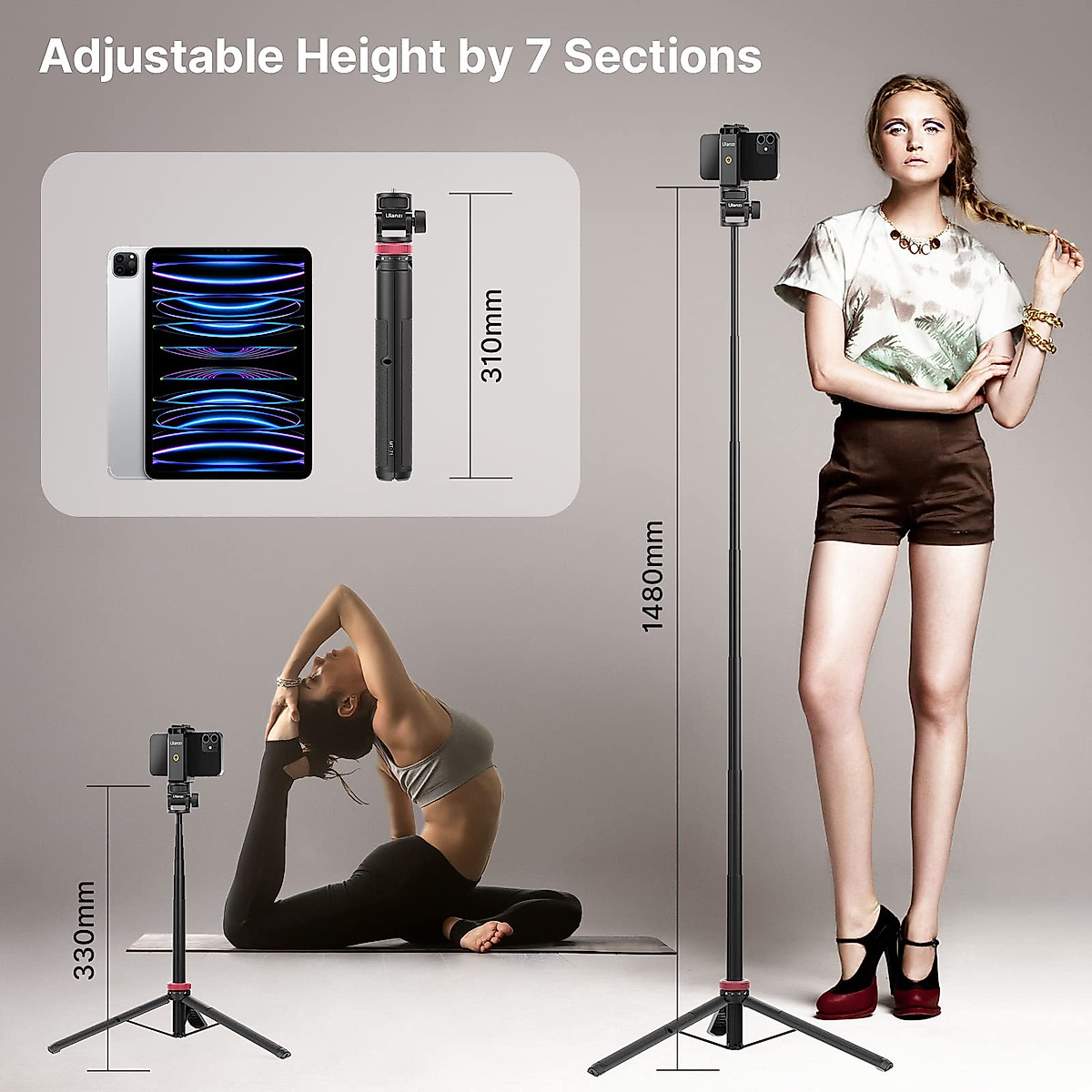 57.48 inch Extendable Selfie Stick Phone Tripod for Action Camera w Smartphone Clamp Extension Pole, for GoPro for Sony Canon Vlogging Cams for iPhone 14 13 Pro Max ULANZI MT-71