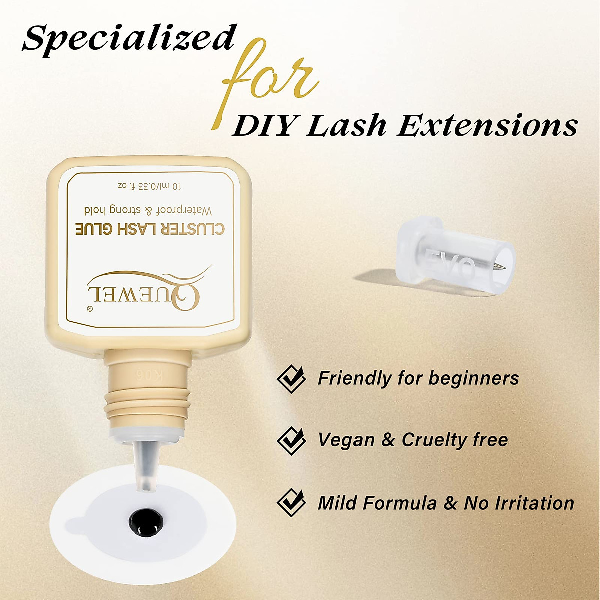 QUEWEL Lash Clusters Glue 10ml Cluster Lashes Glue Black DIY Lash Extensions Glue for Individual Lashes Long-Lasting Eyelash Glue No Irritation, Large Capacity No Shaking(Black-10ml)