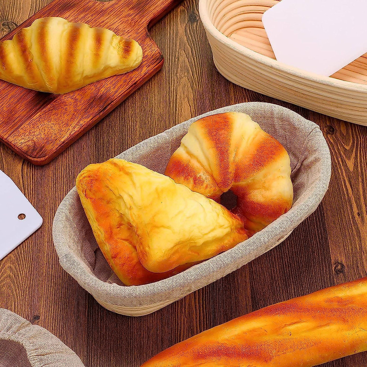 Bread Banneton Proofing Basket Set of 2,10 Inch Oval Cane Sourdough Baskets with Lame + Dough Scraper Linen Liner Basting Brush for Making Baking