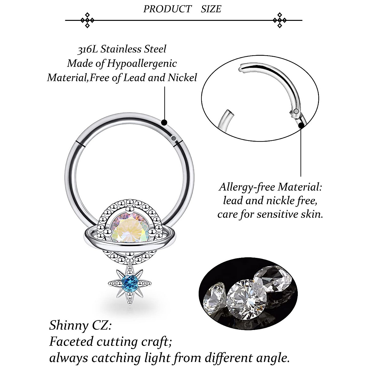 Vsnnsns 16G Septum Jewelry Septum Ring Piercing Jewelry Septum Clicker Ring and Horseshoe Barbell Stainless Steel Septum Nose Rings Hoop for Men Women Silver 10mm 9pcs