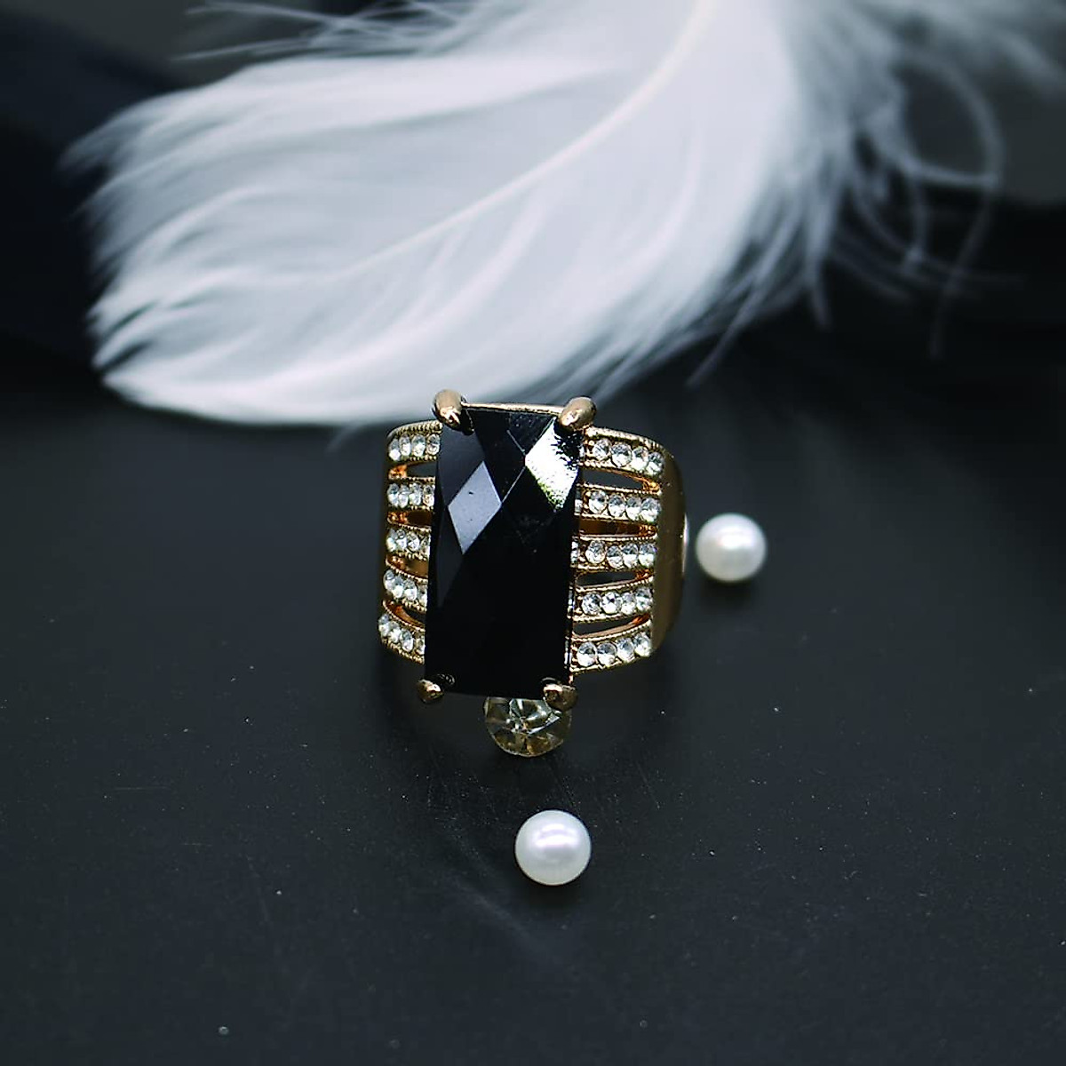 HSQYJ Black Rectangle Crystal Cocktail Statement Ring Fashion Geometry rhinestone Engagement Wedding Bands Rings Luxury Jewelry for Women Gift Gold Plated (7)