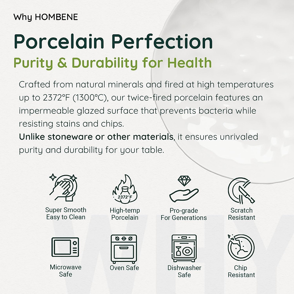 HOMBENE White Dinnerware Set 12 Piece Service for 6, Porcelain Dinnerware Sets, Over Size Plates Sets for Dessert Salad and Pasta, Dishes Set