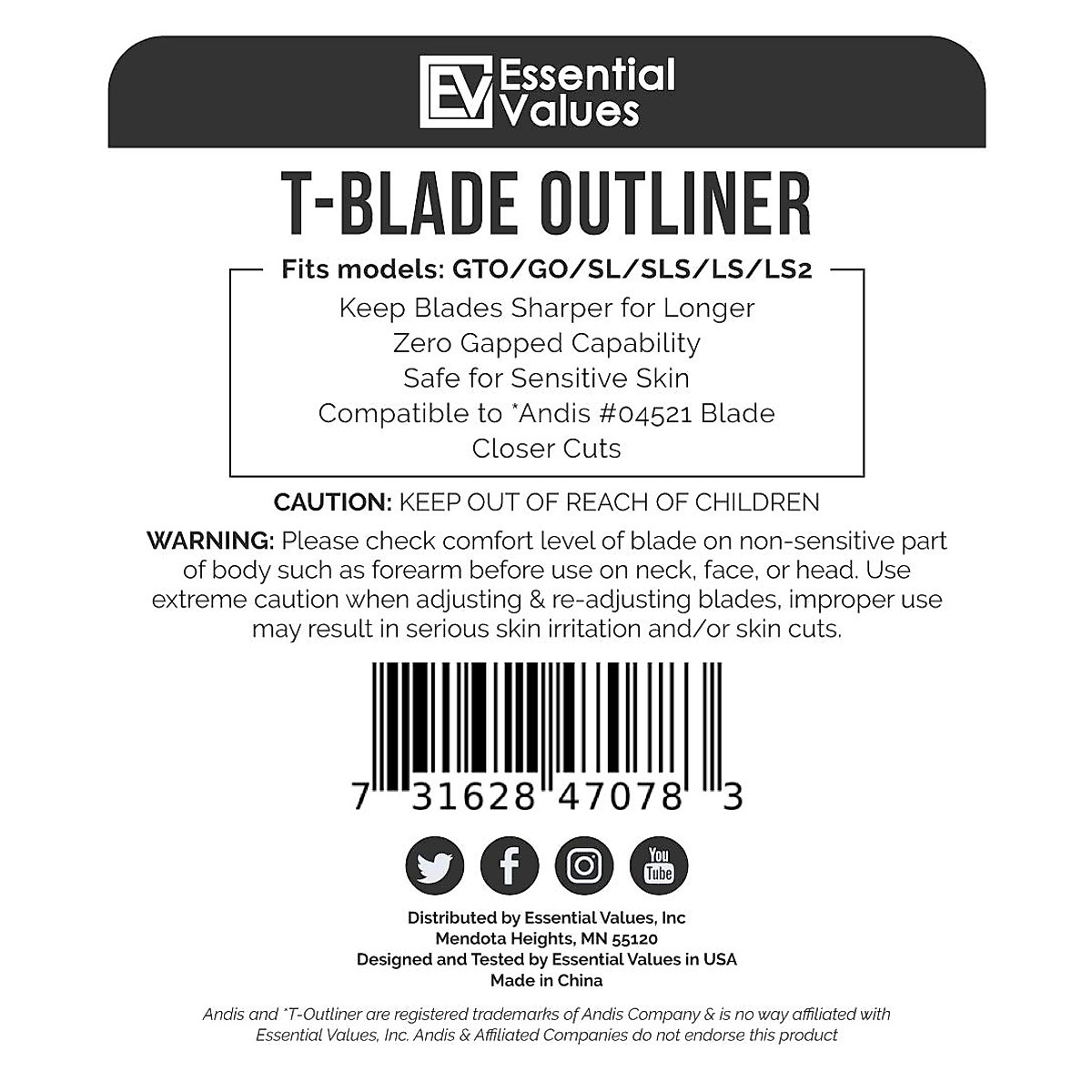 2-Pack Essential Values Out-liner Replacement Blades for Andis Shaver (#04521) – Aftermarket Replacement For Models GTO, GTX, GO Hair/Beard Trimmers | Made from the Finest Carbon Steel