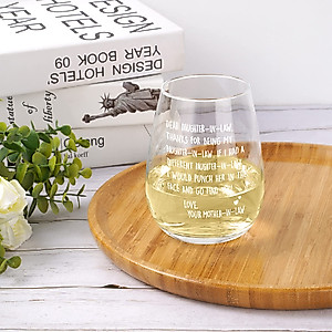 Modwnfy Daughter in Law Gifts from Mother in Law, Mothers Day Gifts for Daughter in Law, Thanks for Being My Daughter in Law Stemless Wine Glass, Funny Daughter in Law Wine Glass, 15 Oz