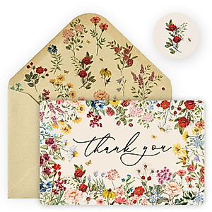 Artoid Mode 24 Pack Vintage Wildflower Thank You Cards Flower Greeting Cards Gift With Envelope Sticker Blank Note Cards for Birthday Wedding Baby Shower Bridal Shower, 4 x 6 Inch