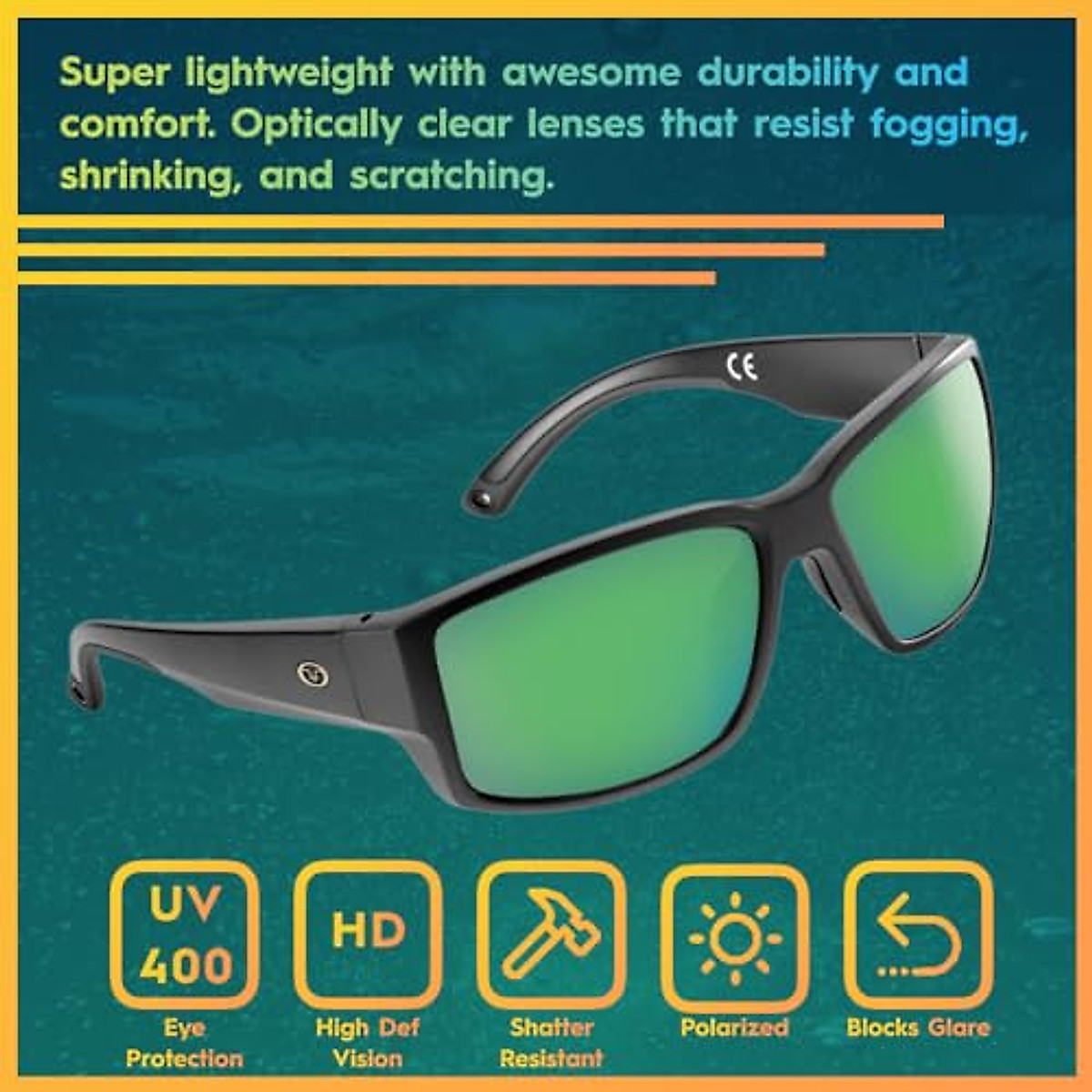 Flying Fisherman Baleen Wrap Around Polarized Sunglasses, Matte Black Frame/Amber-Green Mirror Lens, Medium