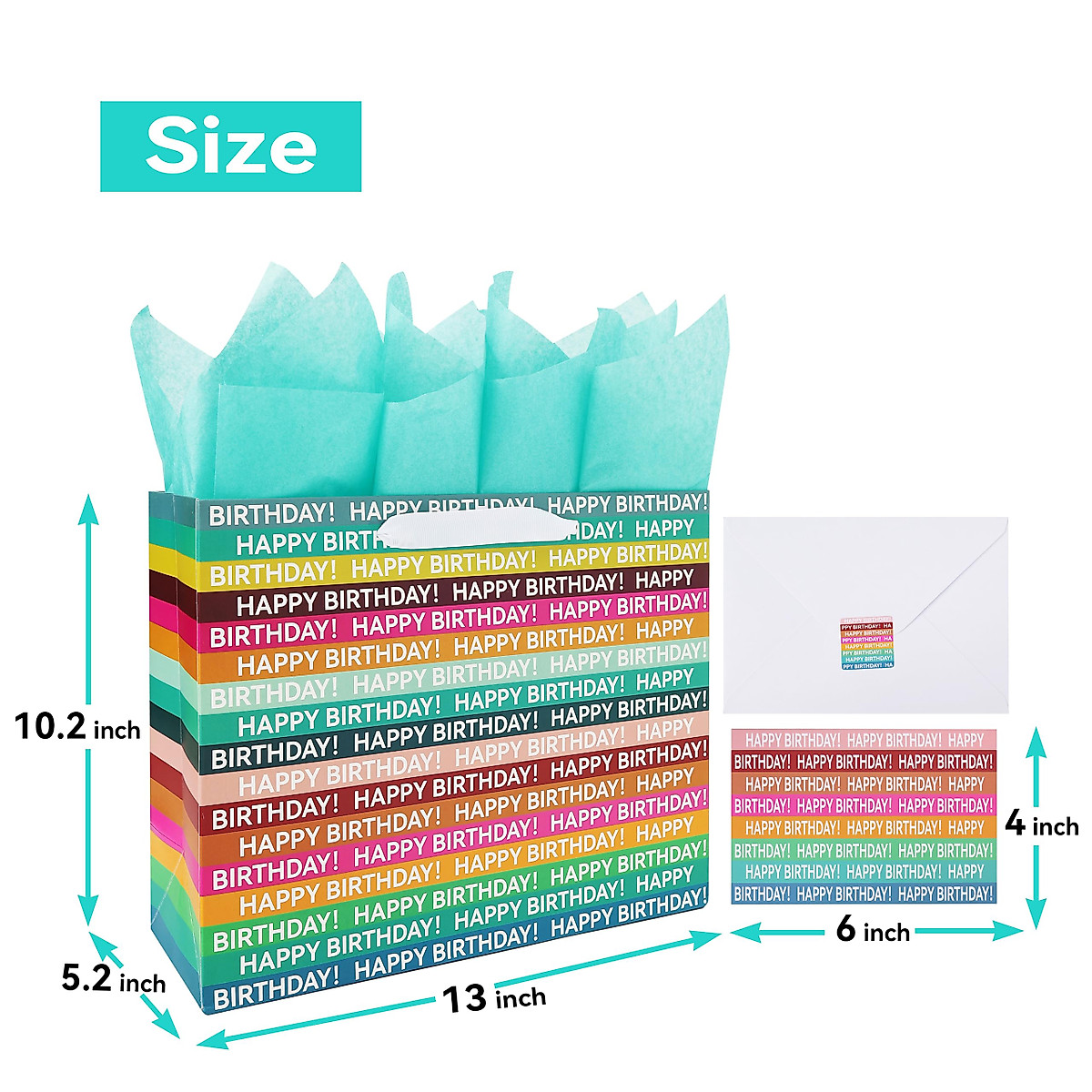 13" Large Gift Bag Set with Greeting Card and Tissue Papers (Colorful Stripes and Happy Birthday) for Women's or Men's, Boys, Girls, Baby Shower