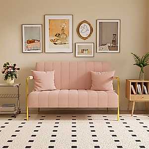 Mbolyeer Modern Bouclé Loveseat Sofa: 60" Mid Century 2 Seater Teddy Velvet Couch- Comfy Upholstered Sofa Couch with 2 Pillows - Gold Metal Legs - Small Spaces Apartment Office Bedroom (Pink)