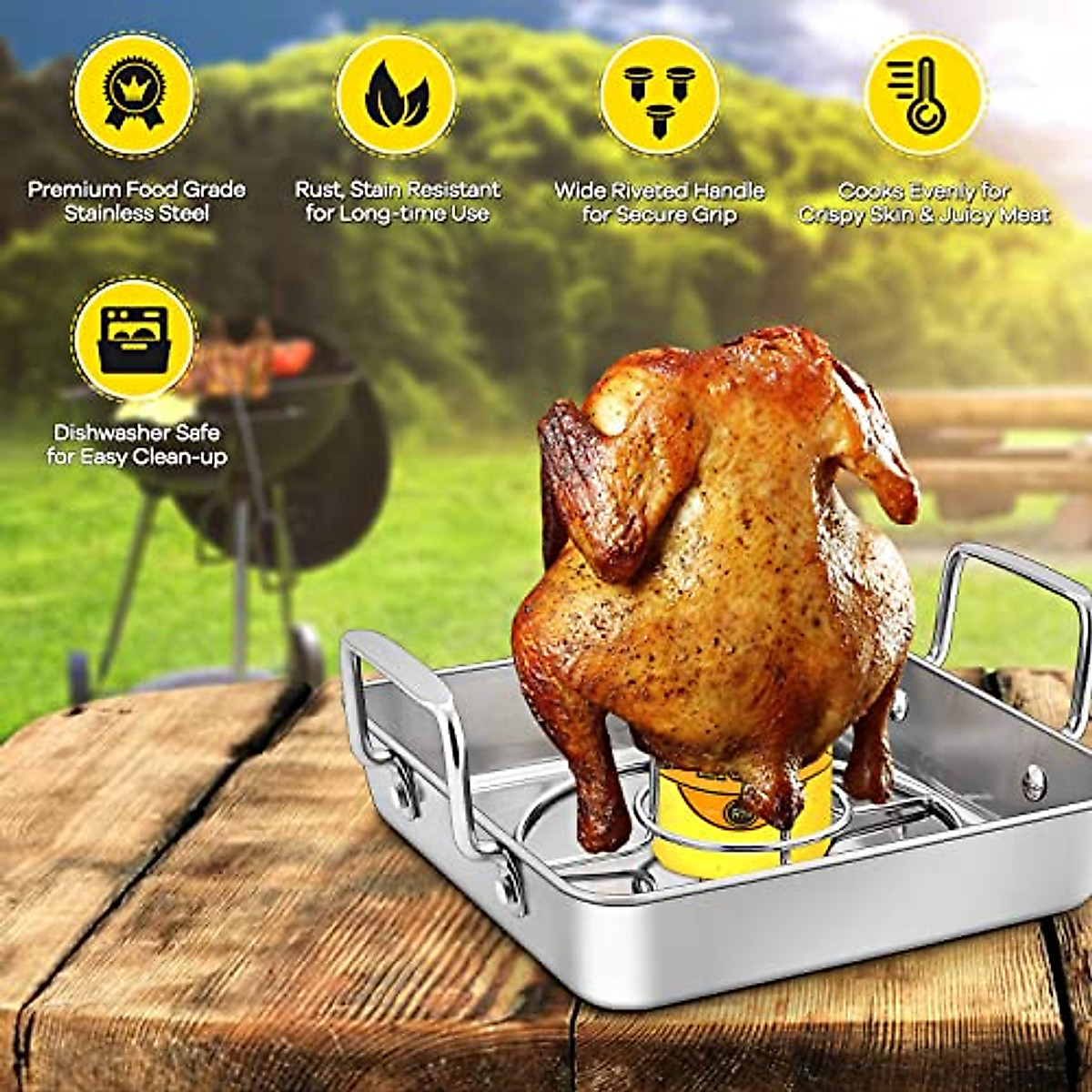 Small Roasting Pan with Beer Can Chicken Holder Set, E-far Stainless Steel Vertical Chicken Roasting Stand Rack with 9 Inch Square Drip Pan for Oven BBQ Grill Smoker, Heavy Duty & Dishwasher Safe