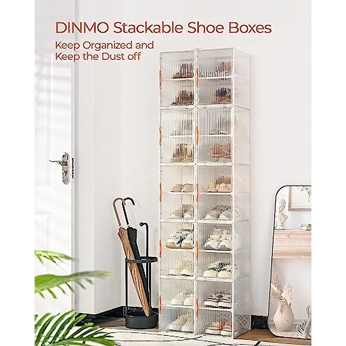 DINMO 10 Packs Shoe Box with Dividers, 20 Pairs, Clear Shoe Storage Organizer, Space Saving for Closet, Visualization, Foldable, White Transparent