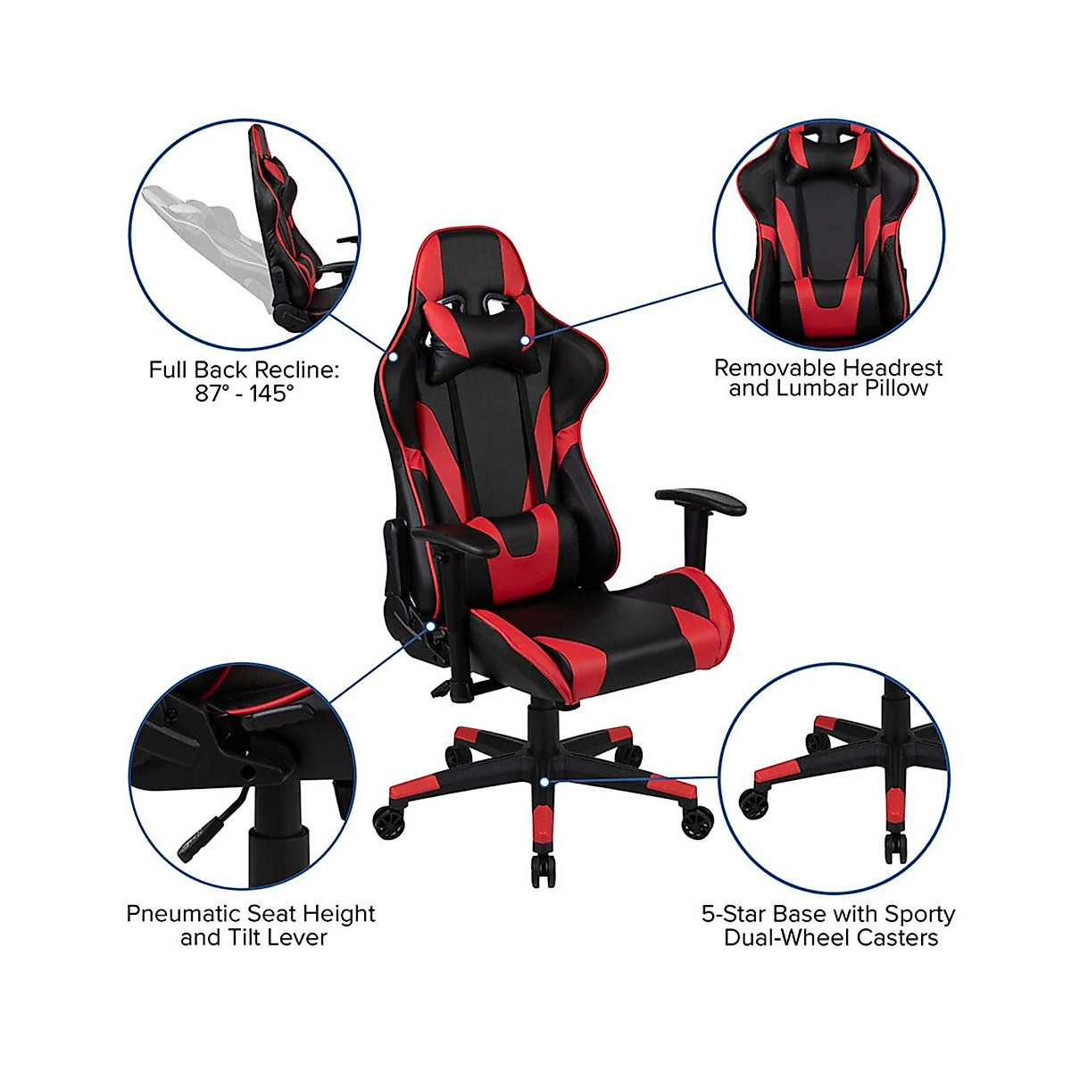 Flash Furniture X20 Fully Reclining LeatherSoft Racing Style Gaming Chair with and Lumbar Pillows, Ergonomic Padded Swivel Computer Chair, Red/Black